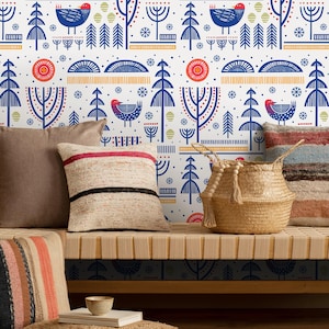 Scandinavian Folk Art Wallpaper - Blue & Red - A683 - Etsy