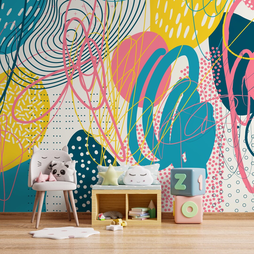 Abstract Wallpaper With Playful Doodles and Dots in Yellow, Pink, and ...