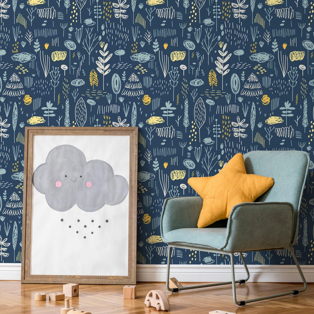 Modern Abstract Navy & Yellow Wallpaper - A857 - Etsy