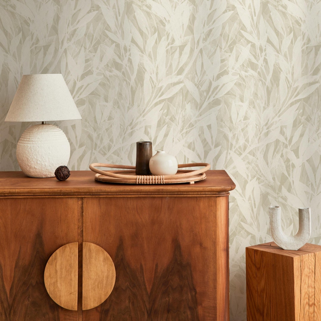 Beige Boho Leaf Wallpaper / Peel and Stick Wallpaper Removable ...