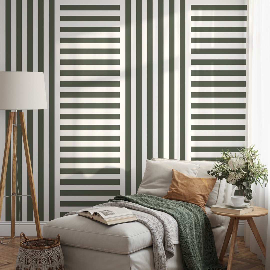 Olive Green Striped Wallpaper Modern Geometric Wallpaper Peel - Etsy