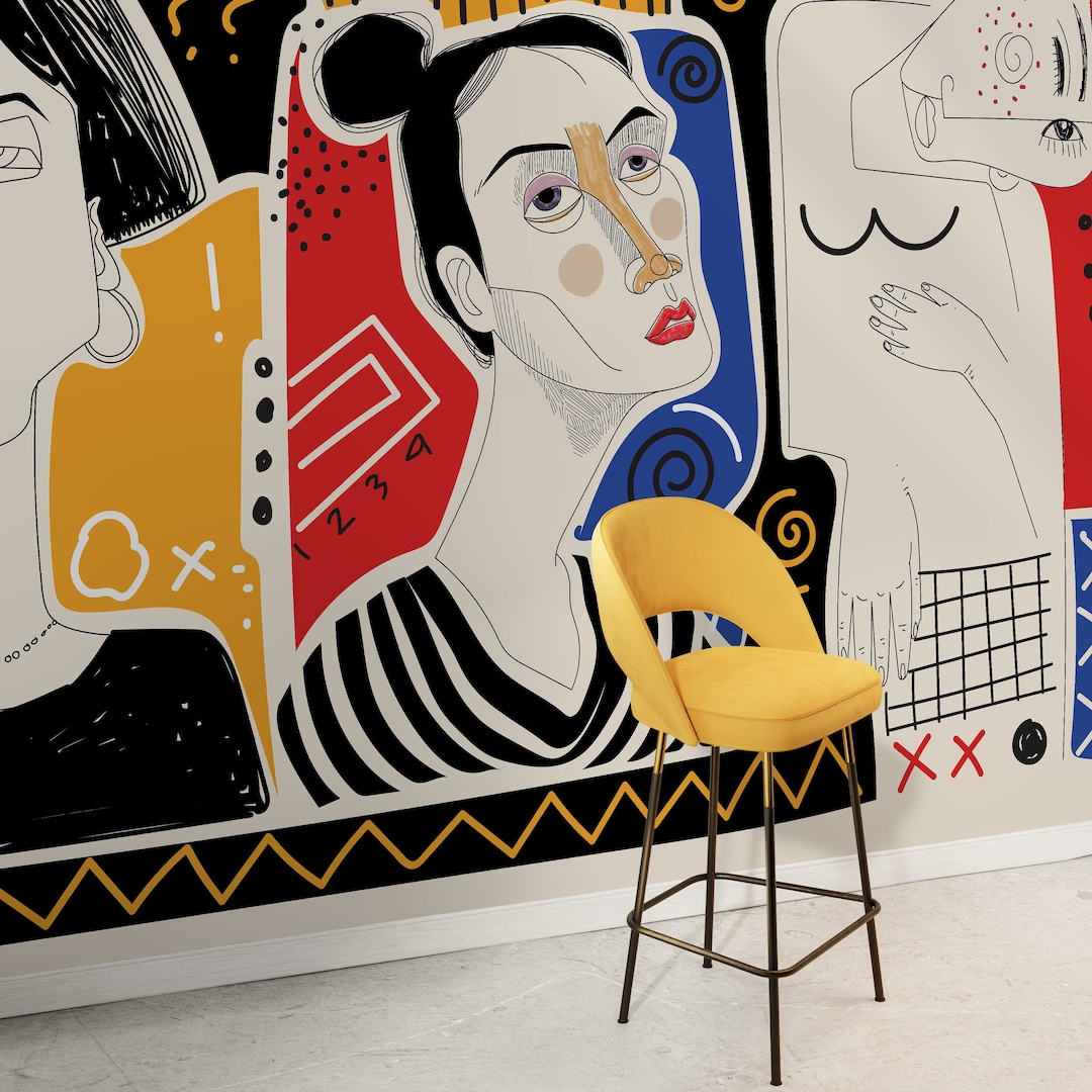 Colorful Abstract Mural Modern Wallpaper Woman Faces Hand Drawing ...