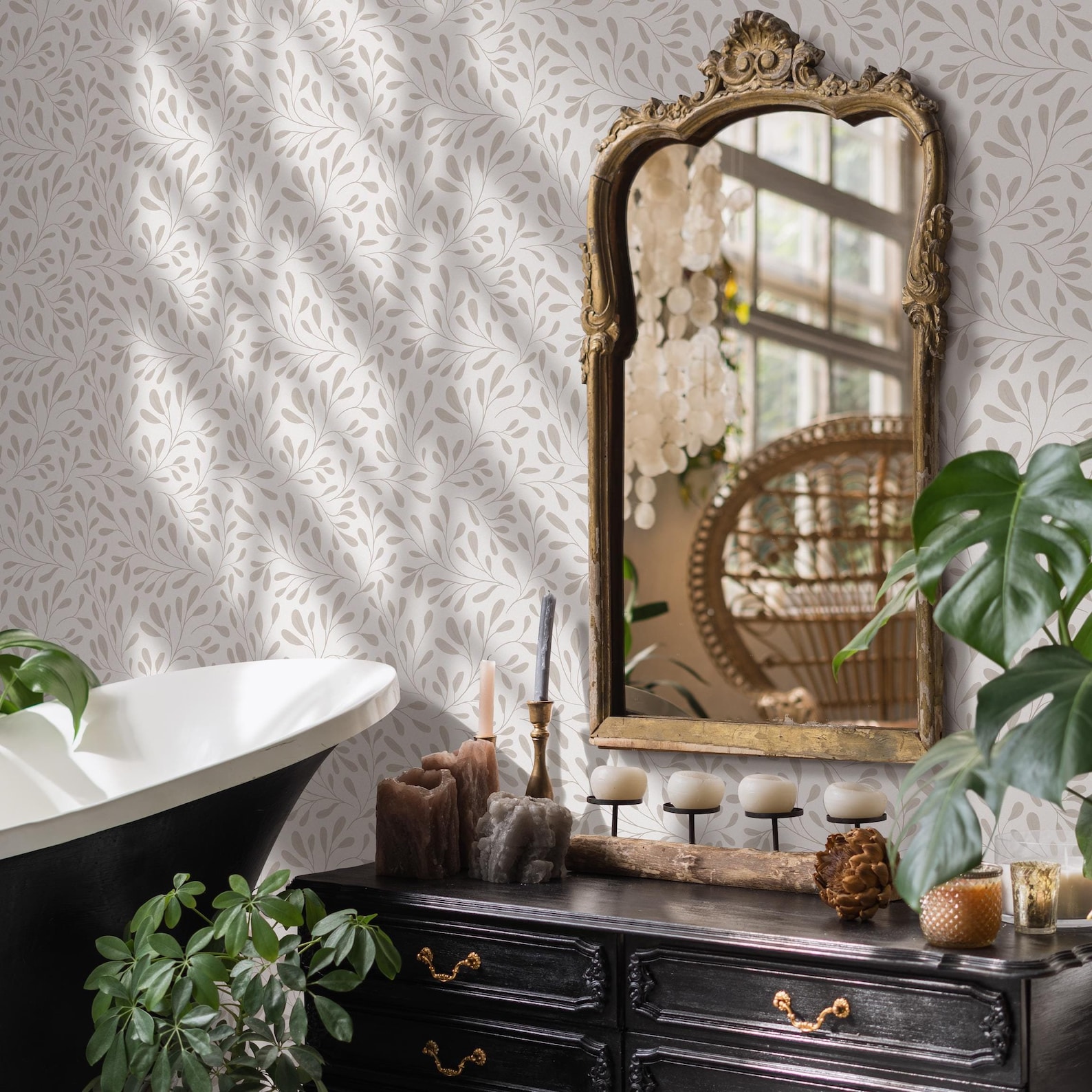 Beige Boho Leaf Wallpaper / Peel and Stick Wallpaper Removable ...