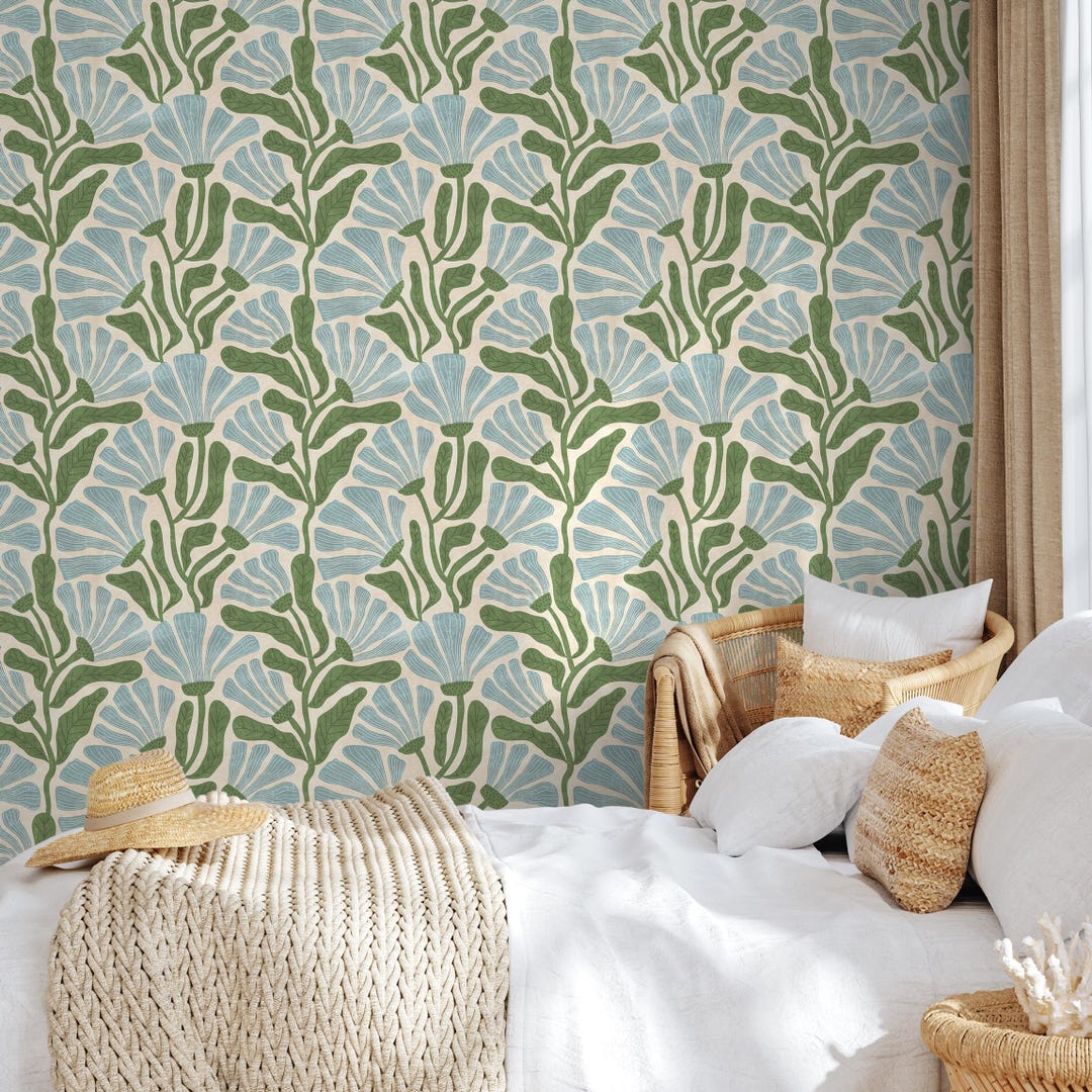Botanical Wallpaper Peel and Stick - Vintage Floral Art in Green, Blue ...