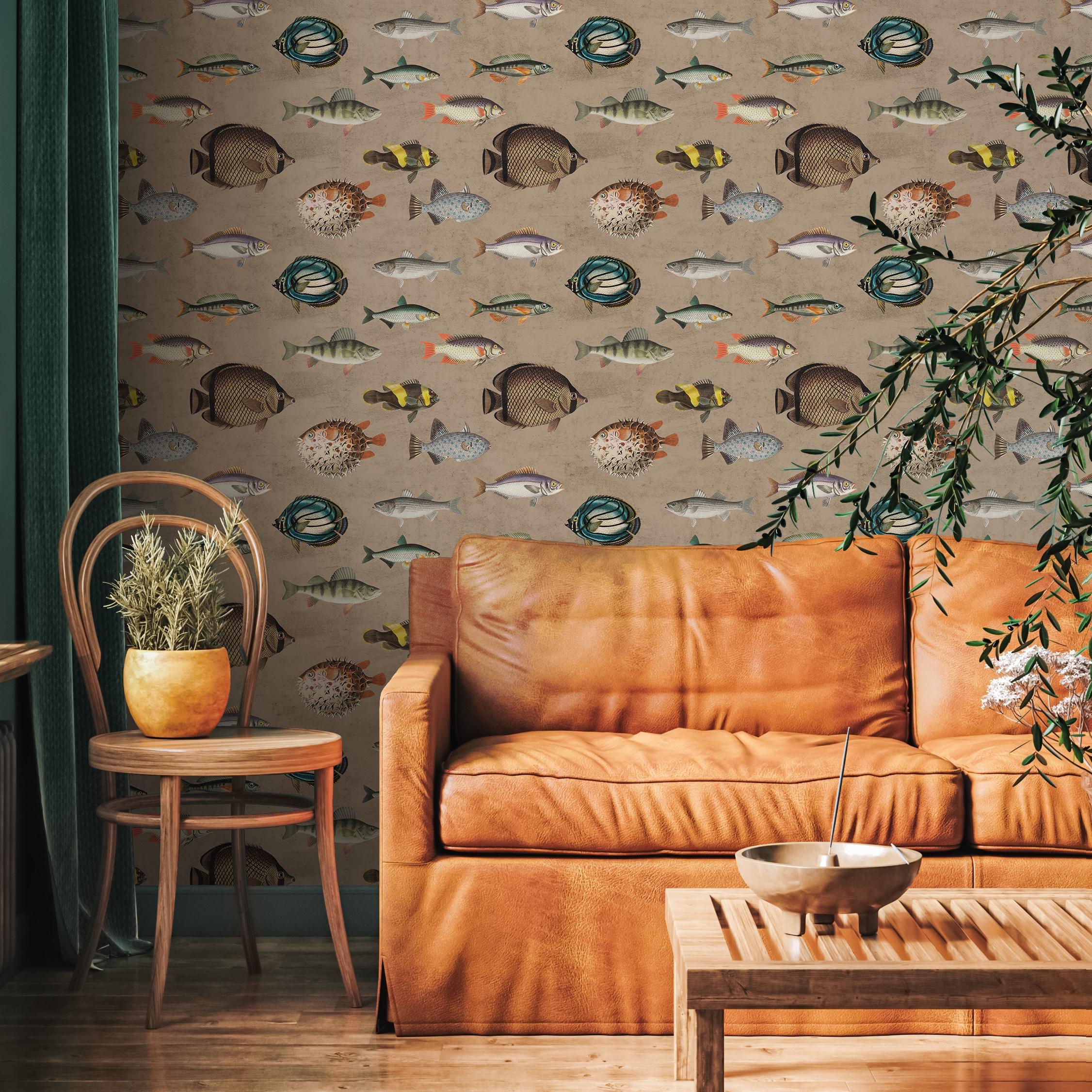 Vintage Wallpaper With Illustrated Fish Species in Brown and Blue ...