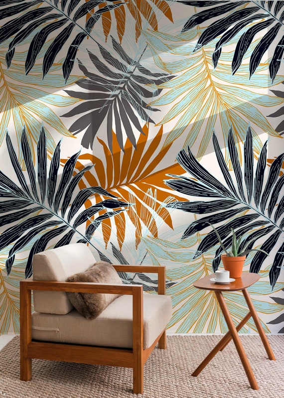 Autumn Palm Leaves Wallpaper Removable Wallpaper Peel and - Etsy