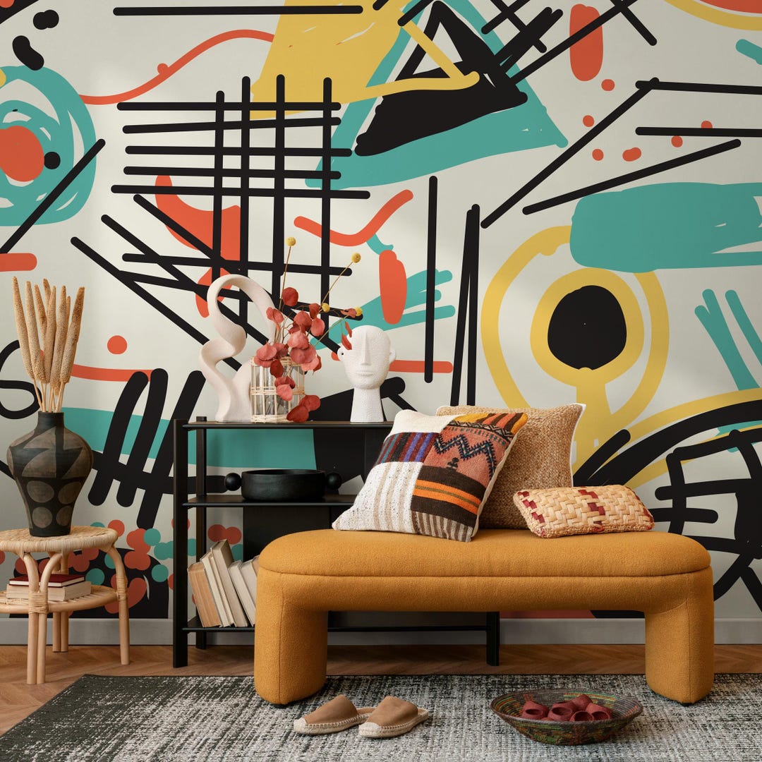 Abstract Wallpaper With Graffiti Scribbles in Black, Yellow, and Teal ...