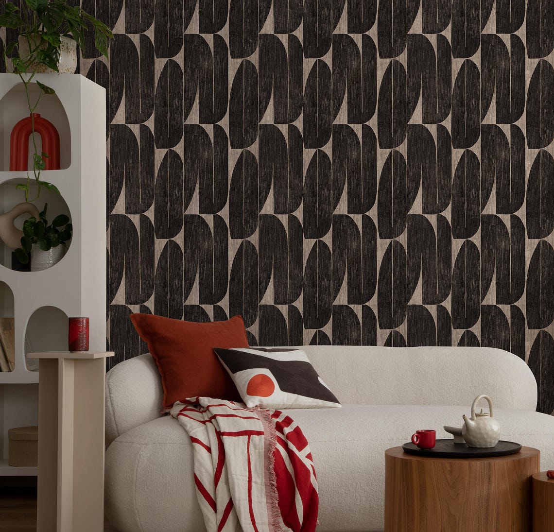 Abstract Wallpaper With Bold Curved Shapes in Black and Beige - E485 - Etsy
