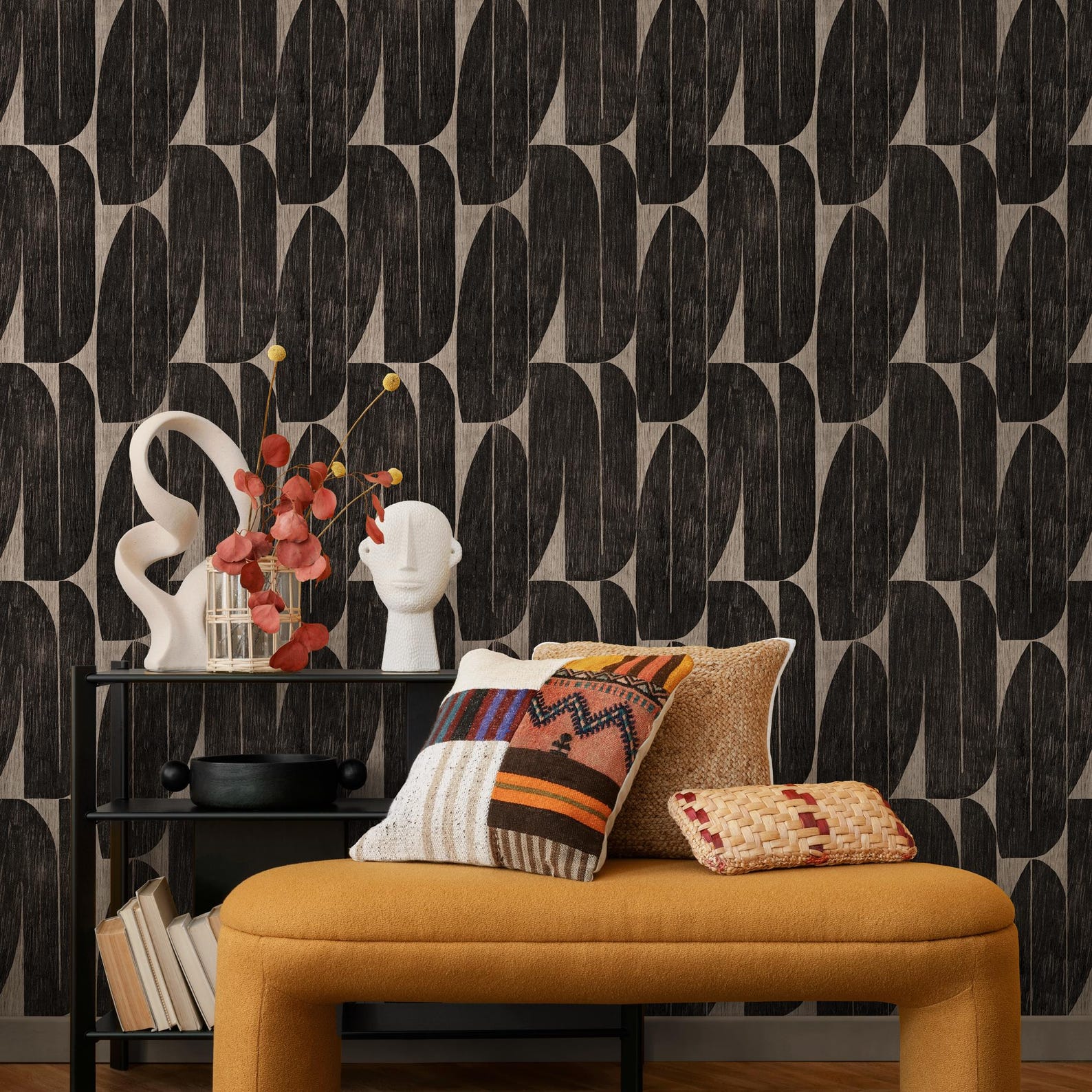 Abstract Wallpaper With Bold Curved Shapes in Black and Beige - E485 - Etsy