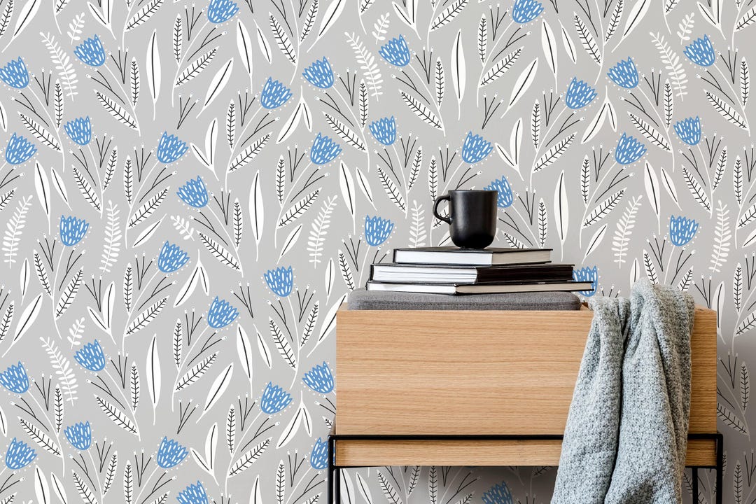 Modern Blue Floral Wallpaper - D388 - Etsy