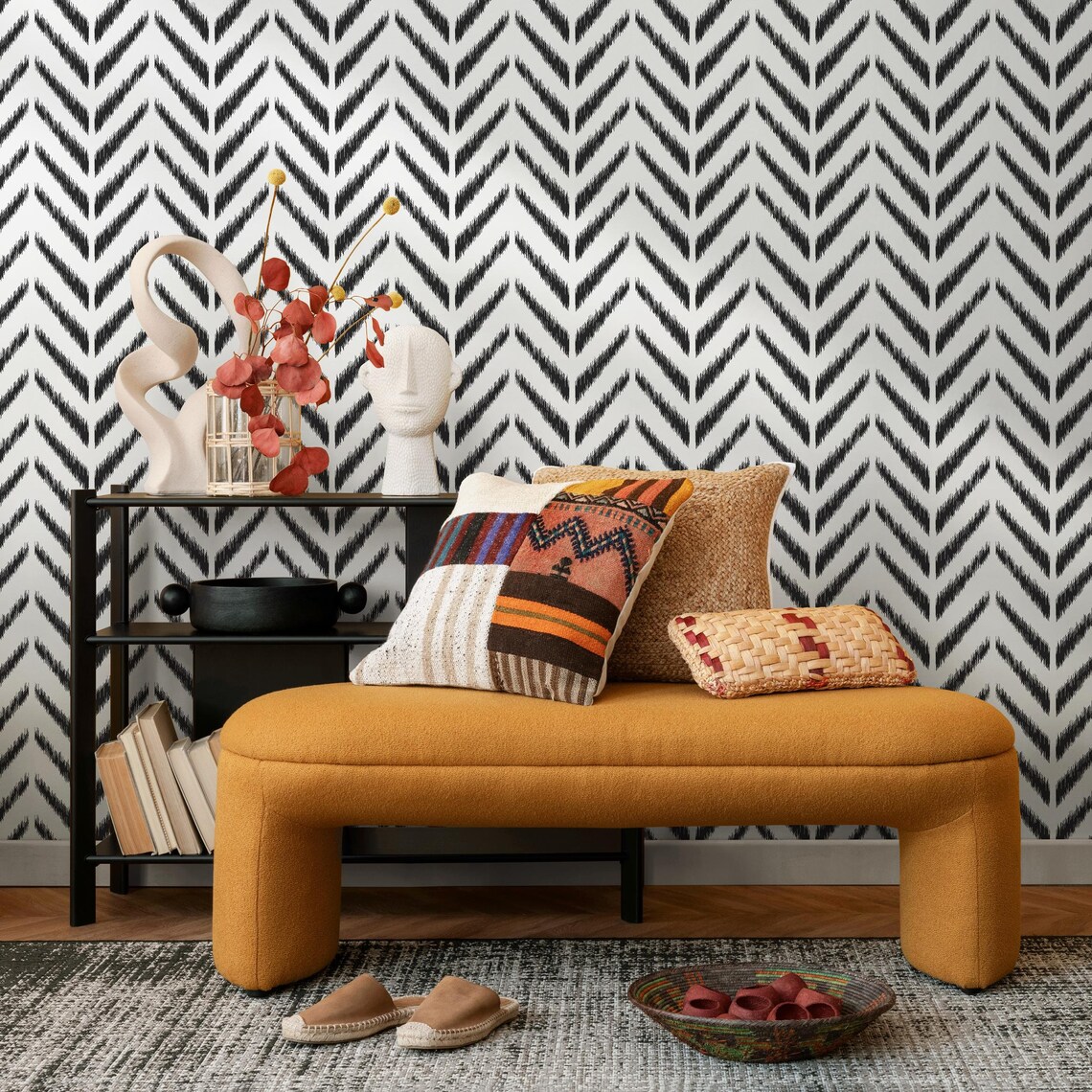 Black Boho Herringbone Wallpaper / Peel and Stick Wallpaper Removable ...