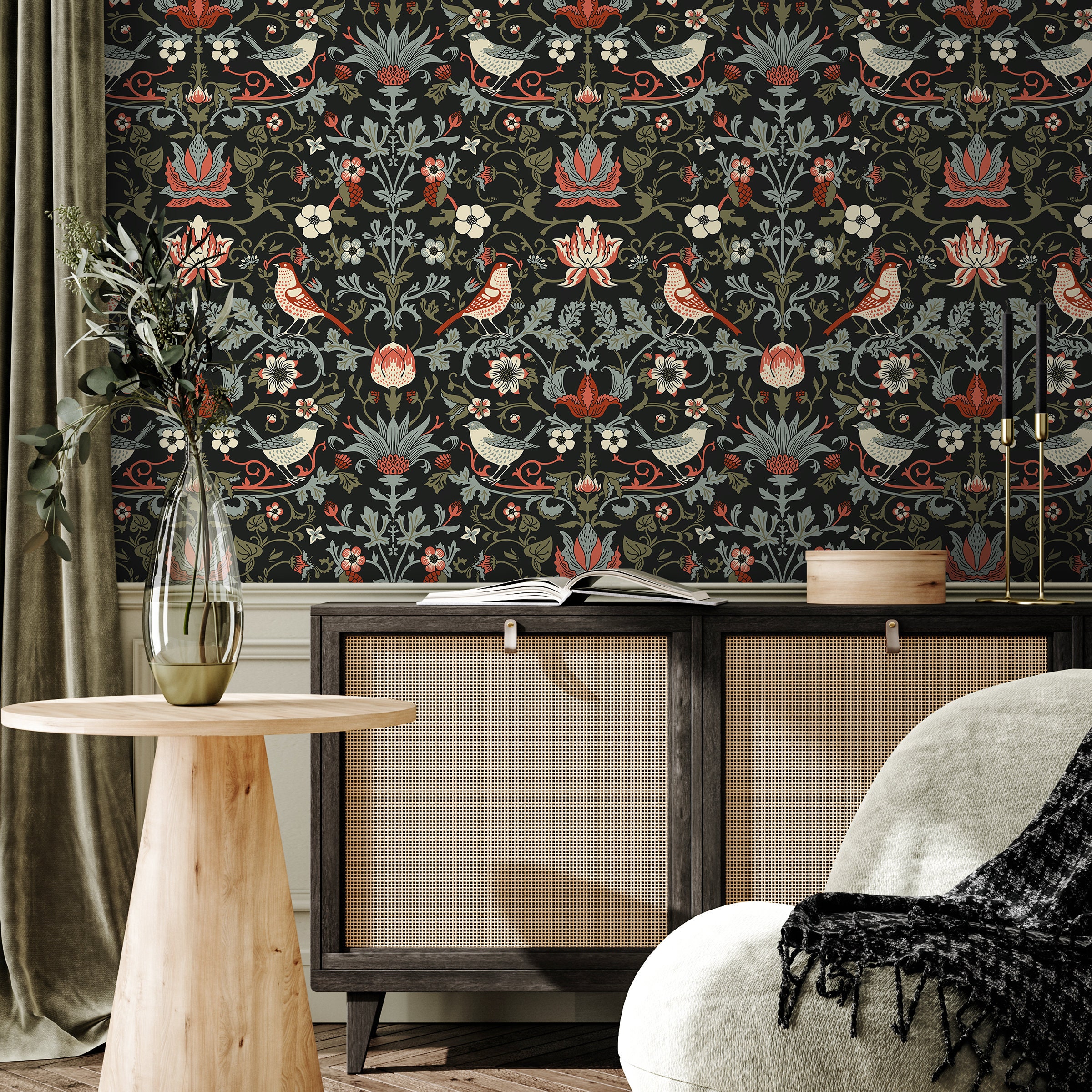 Vintage Art Nouveau Wallpaper in Red, Green, and Black on Black - Peel ...