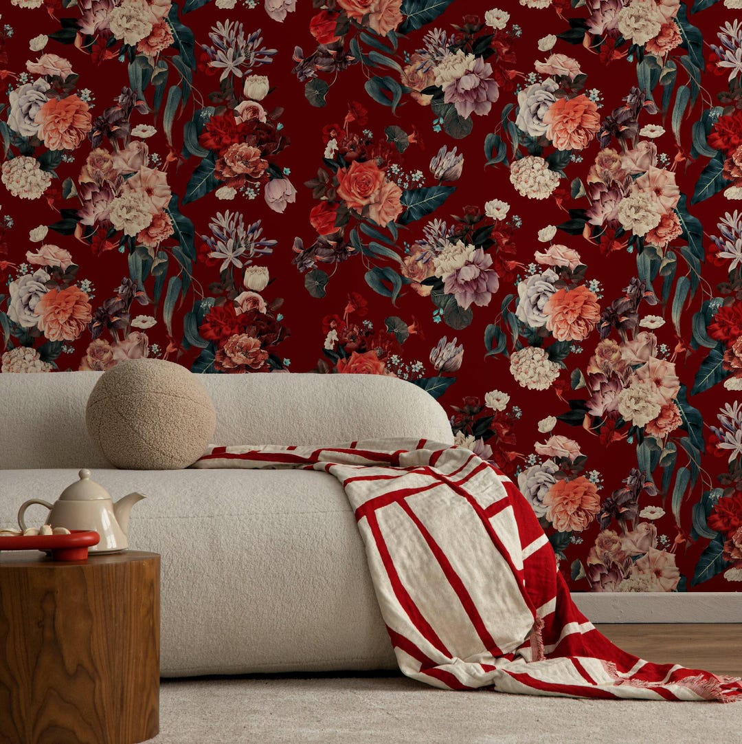Floral Wallpaper in Red, Cream, and Teal on Cream - Peel and Stick ...
