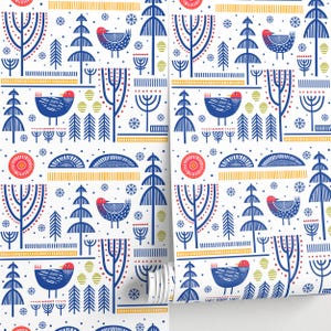 Scandinavian Folk Art Wallpaper - Blue & Red - A683 - Etsy