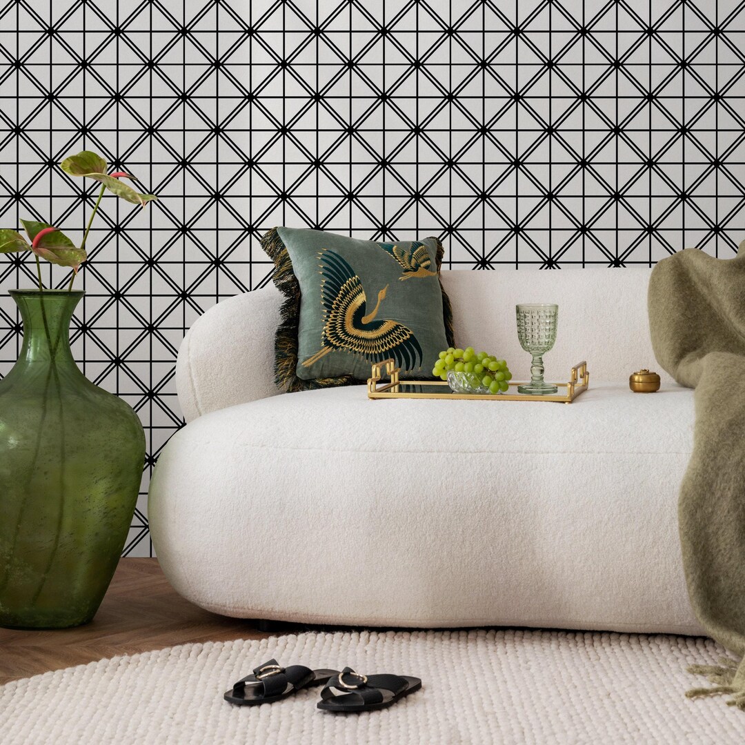 Geometric Wallpaper With a Double Line Grid in Black and White - B145 ...