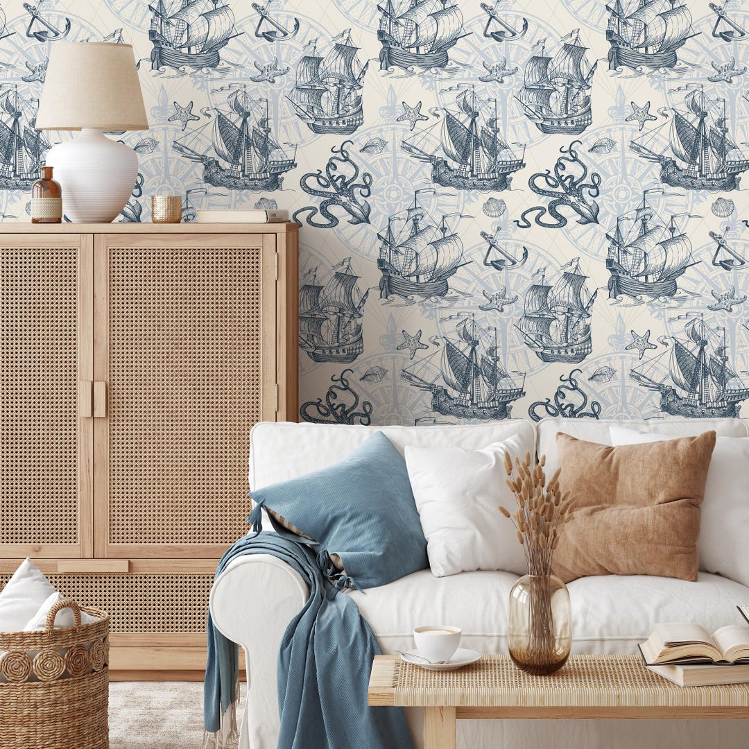 Removable Wallpaper With Coastal Ocean Animals and Boats, Navy Blue ...