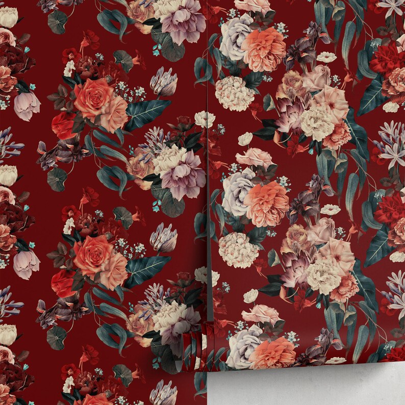 Floral Wallpaper in Red, Cream, and Teal on Cream - Peel and Stick ...