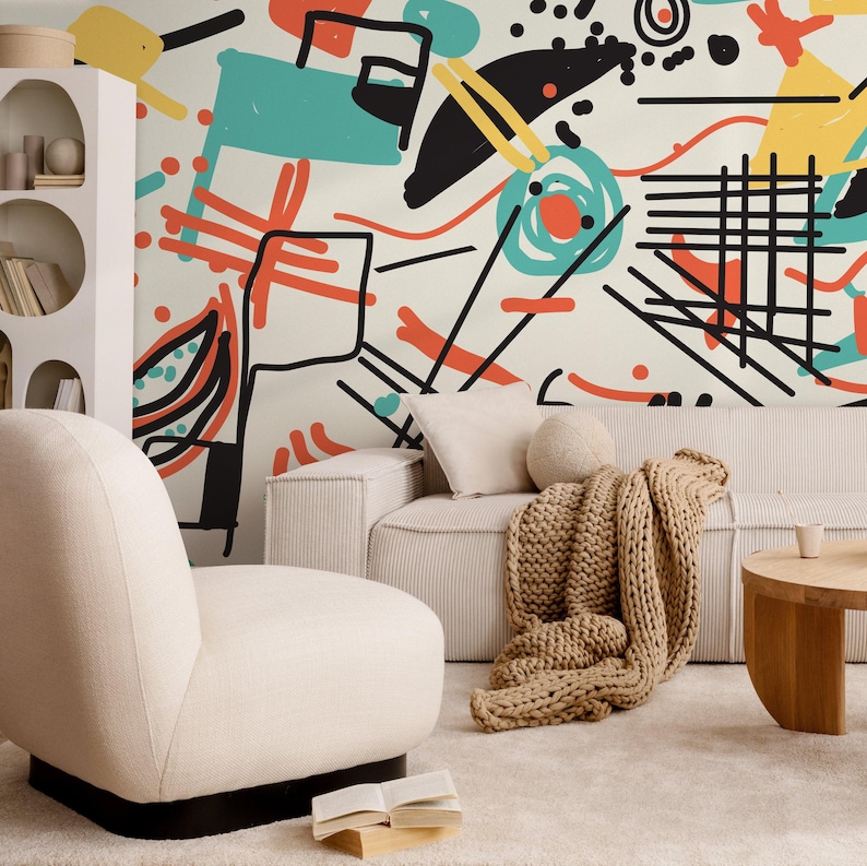 Abstract Wallpaper With Graffiti Scribbles in Black, Yellow, and Teal ...