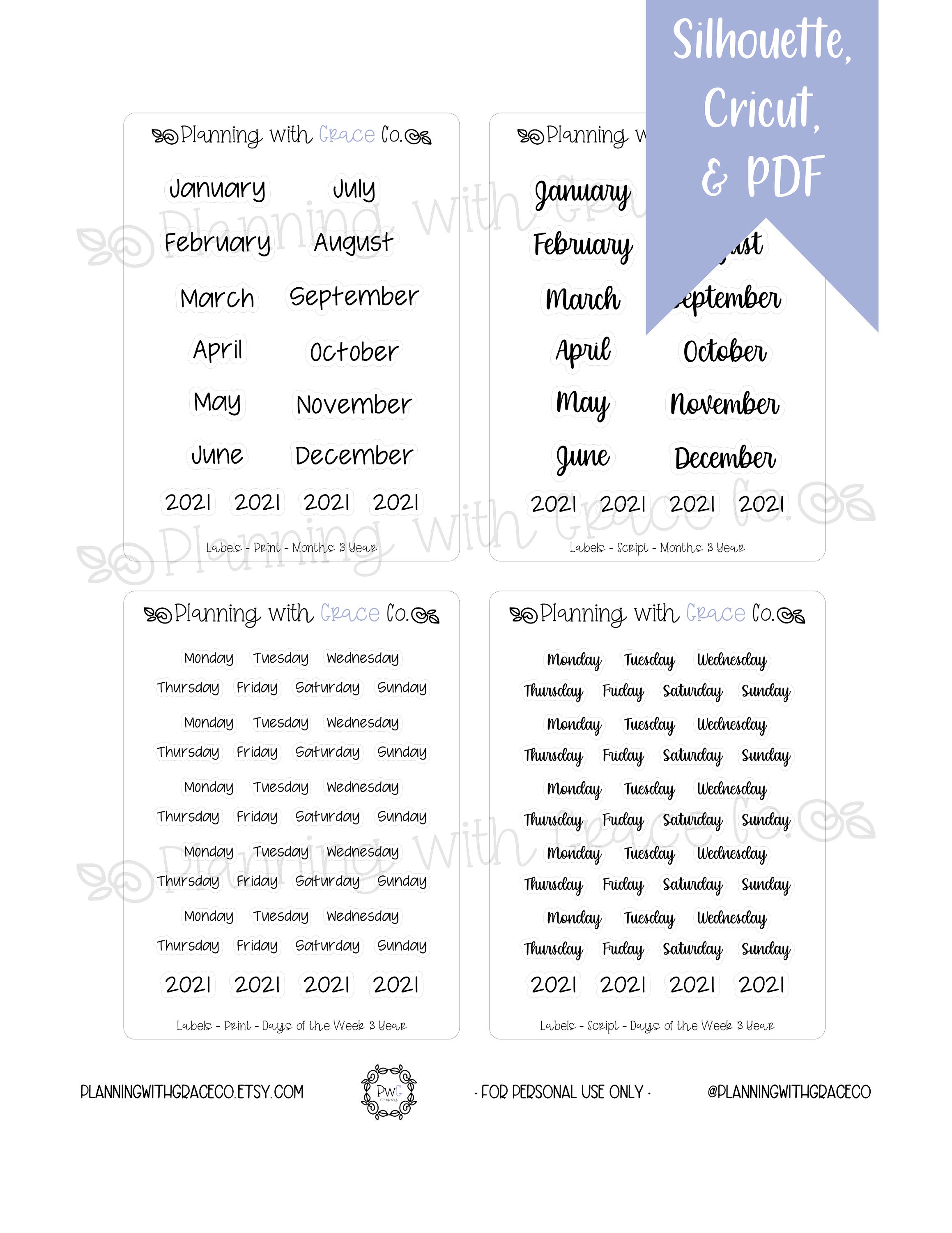 2021 Months, Days, & Year Label Planner Stickers PRINTABLE - Etsy
