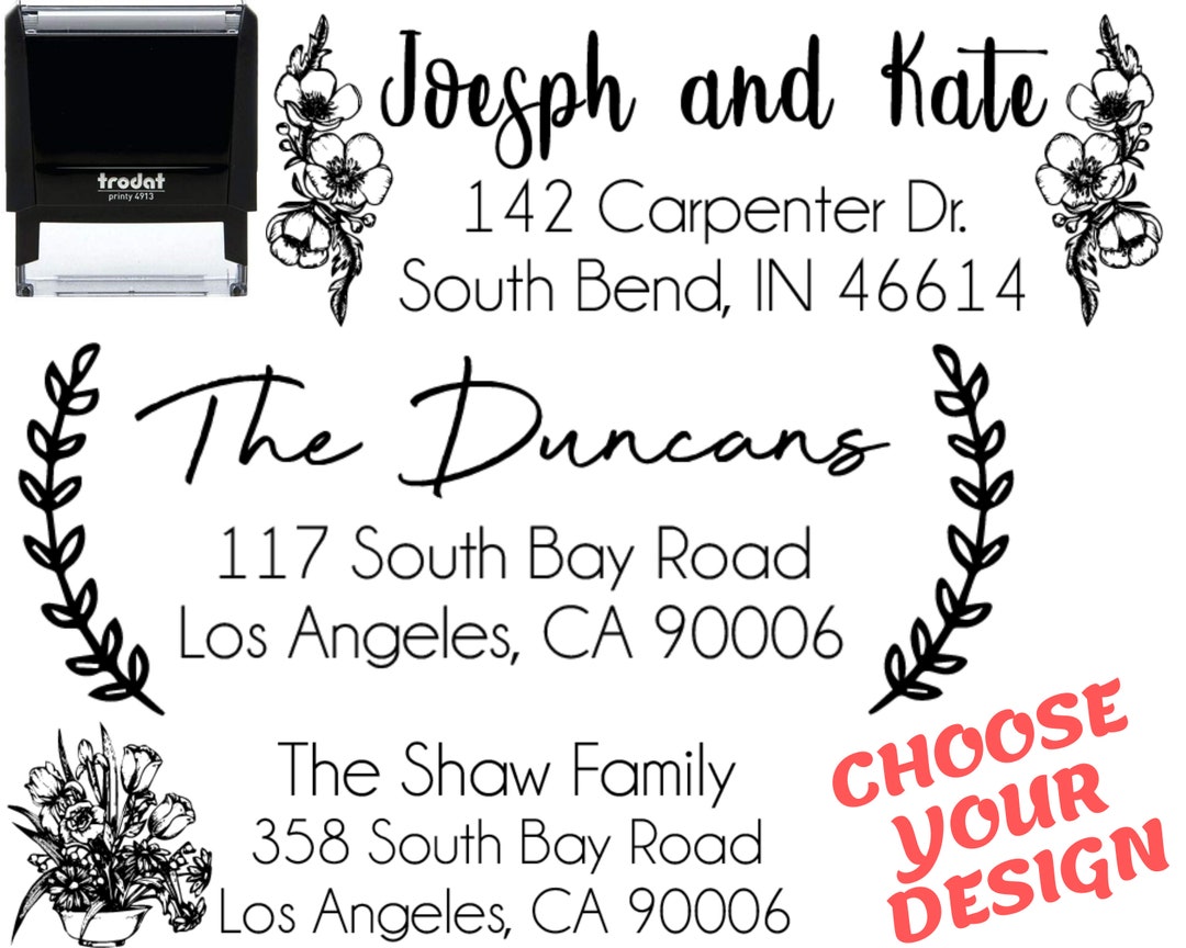 Custom Address Stamp Self Inking Script Floral Wedding Invite Name Mail ...