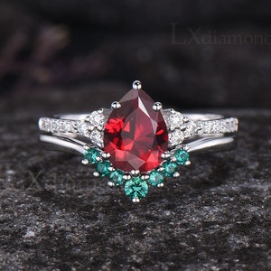 Teardrop Ruby Engagement Ring Set Unique Emerald Contour Wedding Band ...