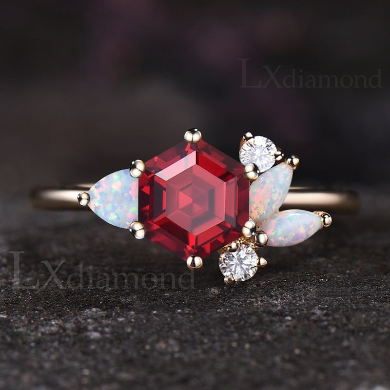Opal & Ruby Cluster Ring - Etsy