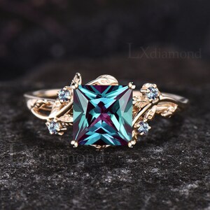 Art Deco Princess Cut Alexandrite Engagement Ring Leaf Vine Twig Branch ...