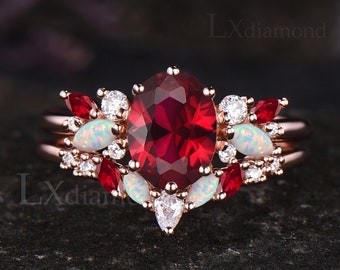 Milgrain Teardrop Ruby Engagement Ring Set Unique Vintage White Opal ...