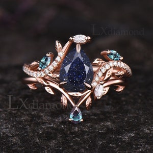 Galaxy Pear Cut Blue Sandstone Engagement Ring Set Moissanite ...