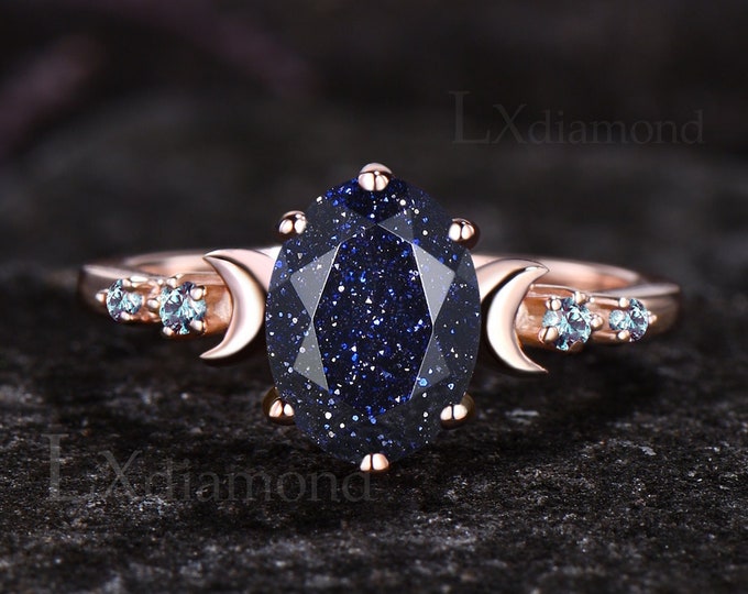 Oval Cut Galaxy Blue Sandstone Engagement Ring Unique June Birthstone ...