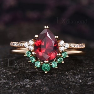 Teardrop Ruby Engagement Ring Set Unique Emerald Contour Wedding Band Vintage Red Gemstone July ...