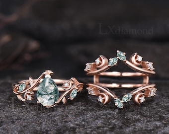 Vintage Moss Agate Engagement Ring Set Rose Gold Green Moss Agate Ring Unique Curved Moissanite ...