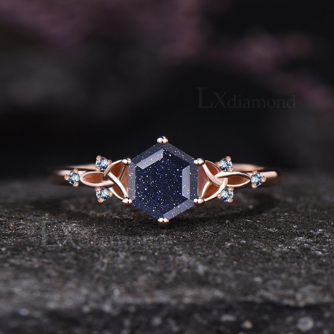 Hexagon Cut Galaxy Blue Sandstone Engagement Ring Unique 14k Rose Gold ...