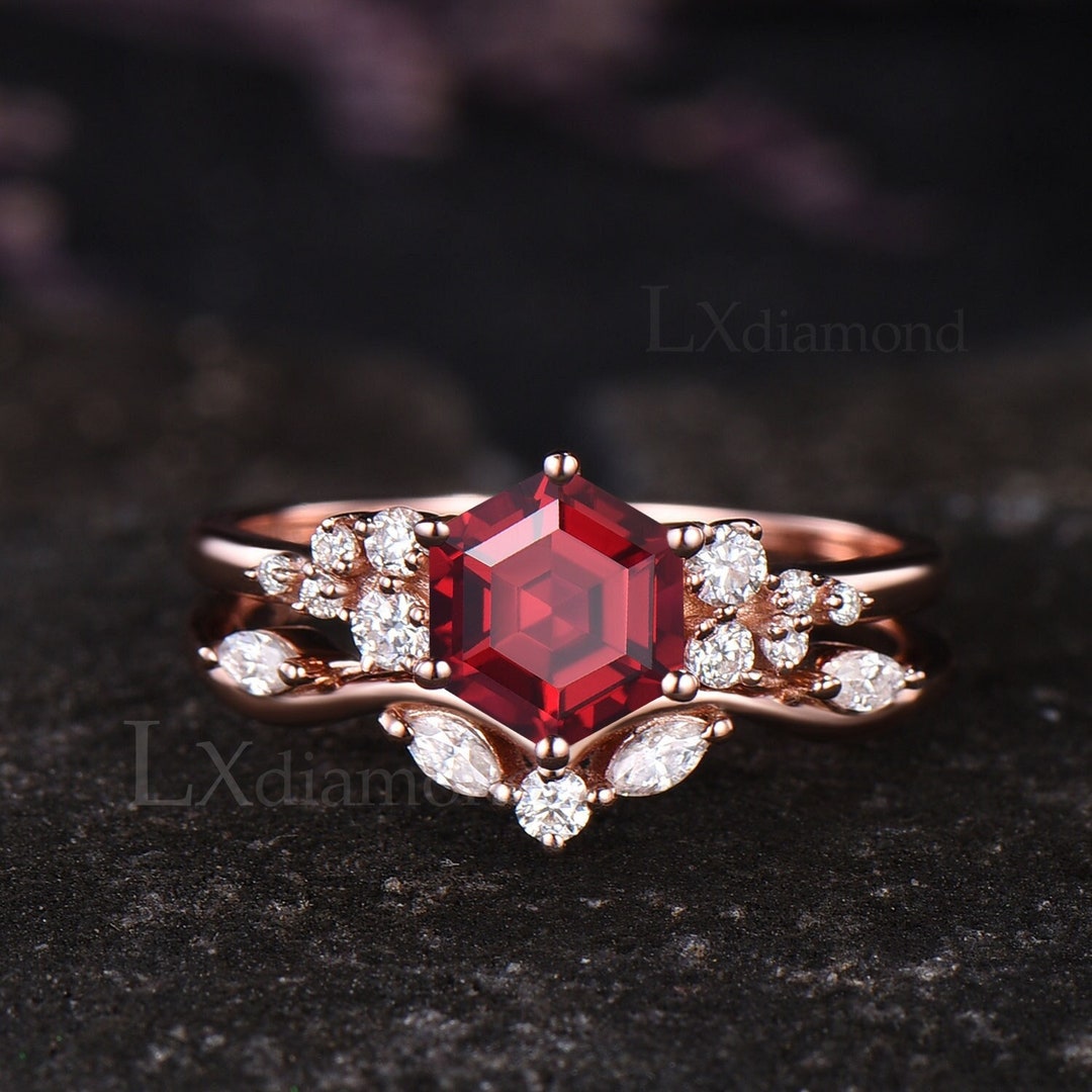 Hexagon Cut Ruby Engagement Ring Unique Snowdrift Cluster Wedding Ring ...
