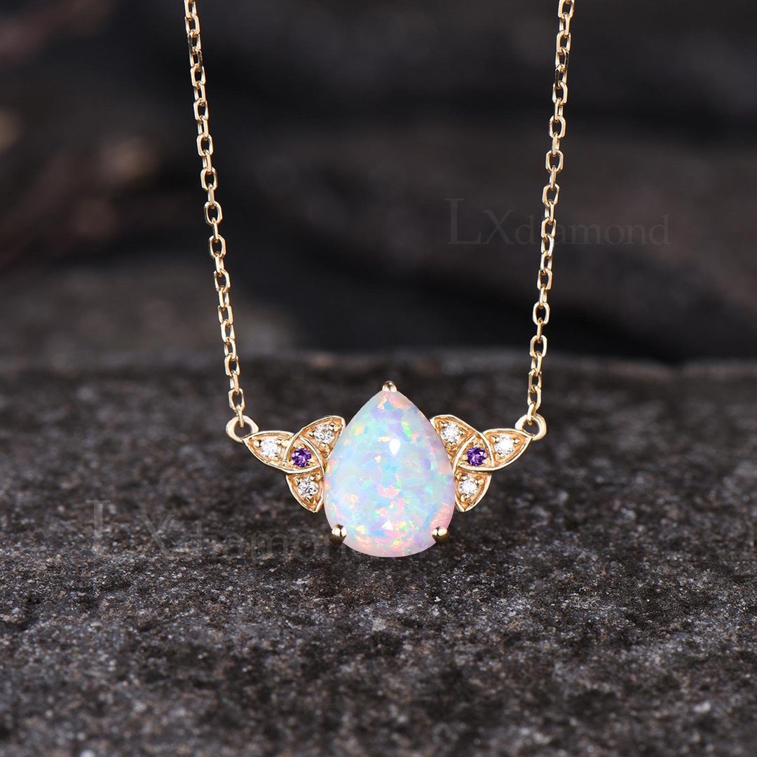 Dainty Pear Cut October Birthstone Opal Necklace Unique Amethyst ...