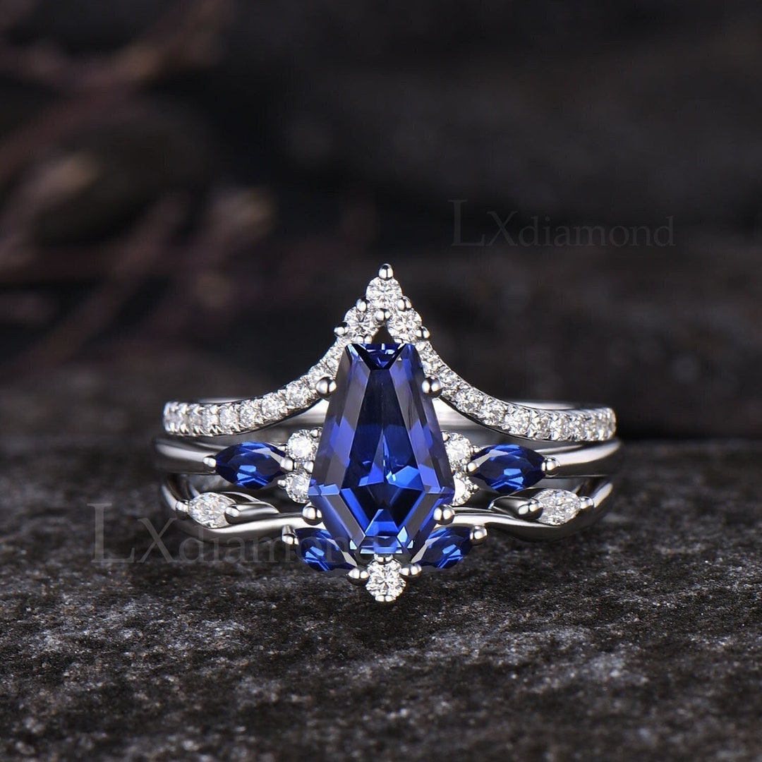 Delicate Coffin Cut Blue Sapphire Engagement Ring Set Unique September ...