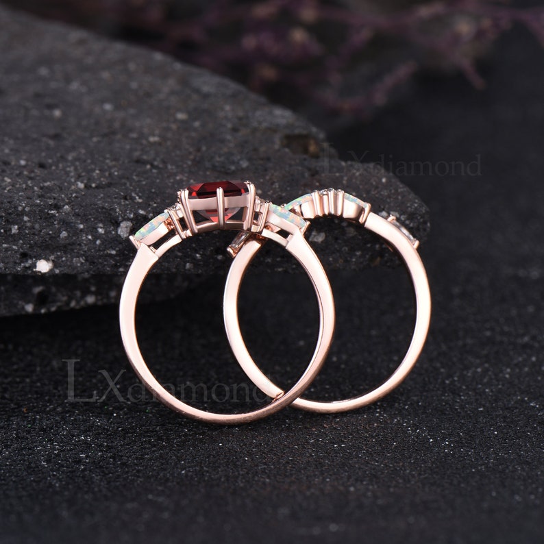 Vintage Hexagon Cut Ruby Engagement Ring Set Unique Opal Wedding Band ...