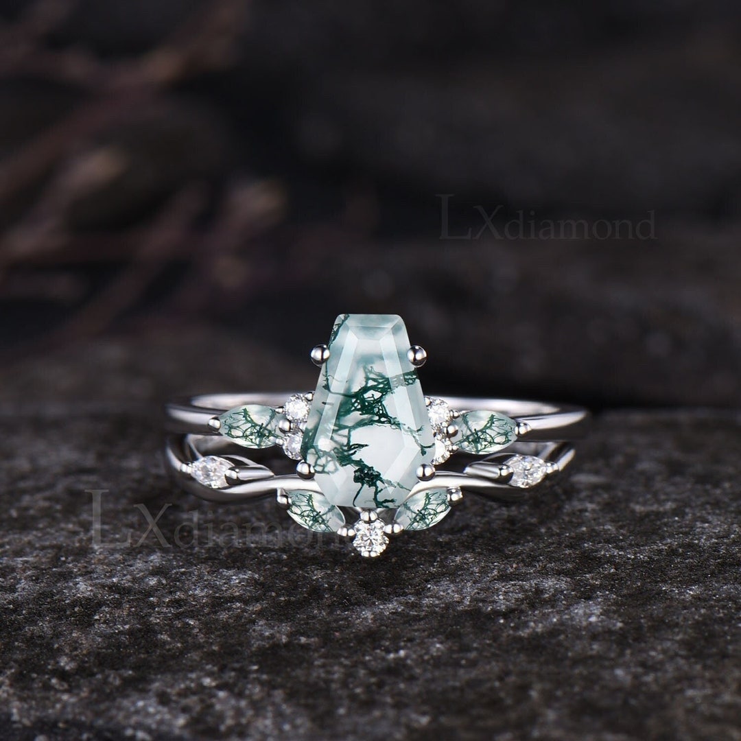 Unique Coffin Cut Natural Green Moss Agate Engagement Ring Set Dainty ...