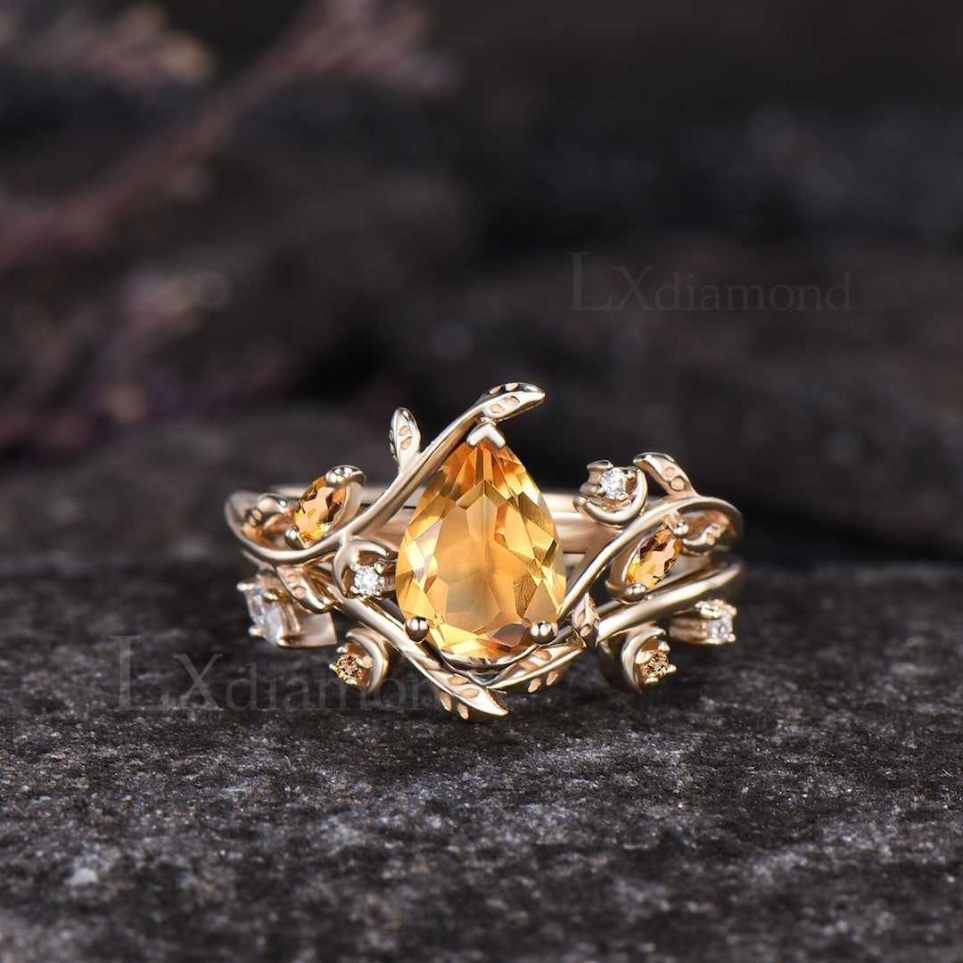 Dainty Pear Cut Natural Citrine Engagement Ring Set Unique Leaf Nature ...