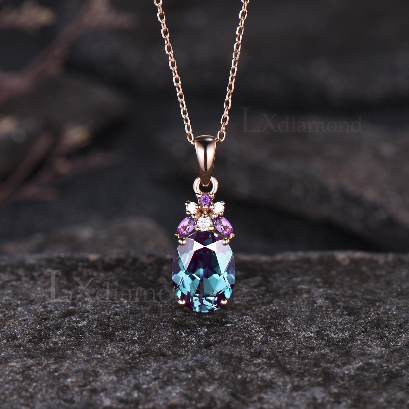 Dainty Oval Cut June Birthstone Alexandrite Necklace Unique 14k Solid ...