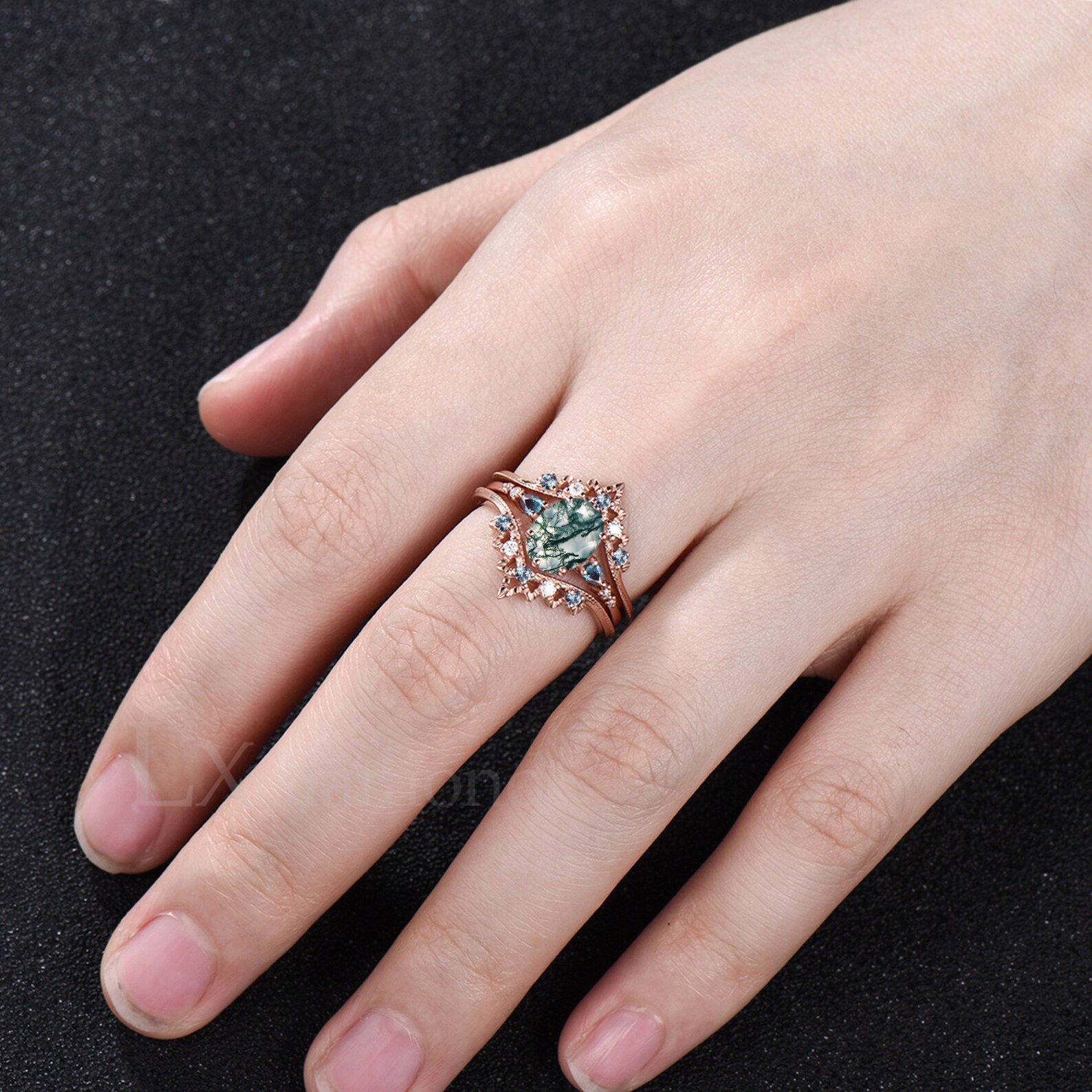 Vintage Oval Cut Natural Moss Agate Engagement Ring Set Milgrain June ...