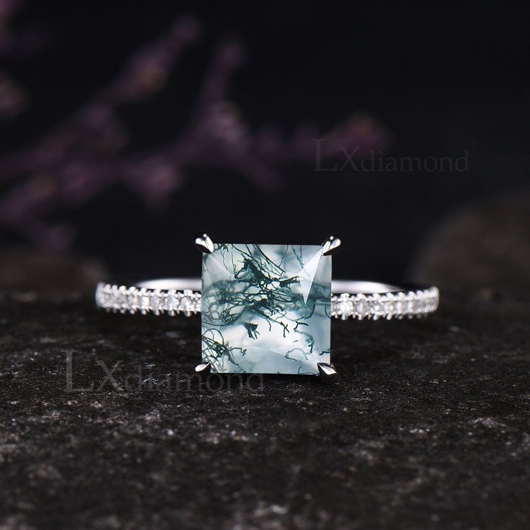 Unique Princess Cut Natural Moss Agate Engagement Ring Vintage Round ...