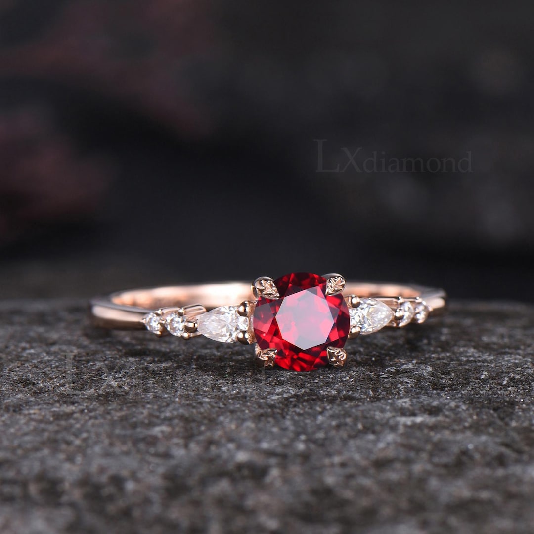 Unique Round Cut Red Ruby Engagement Ring Solid 10k 14k Rose Gold Leaf ...