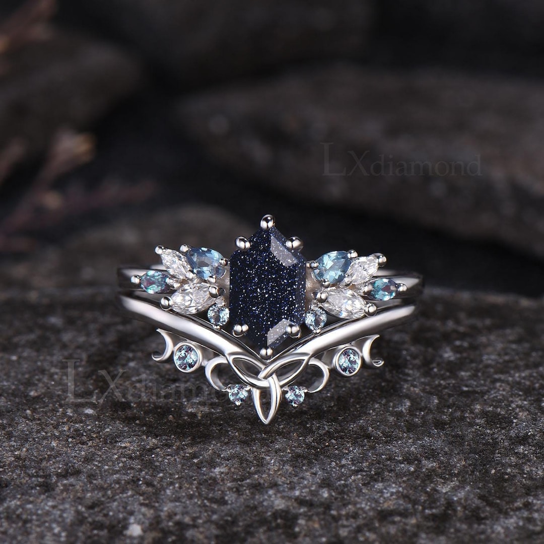 Galaxy Long Hexagon Cut Blue Sandstone Engagement Ring Set Unique ...