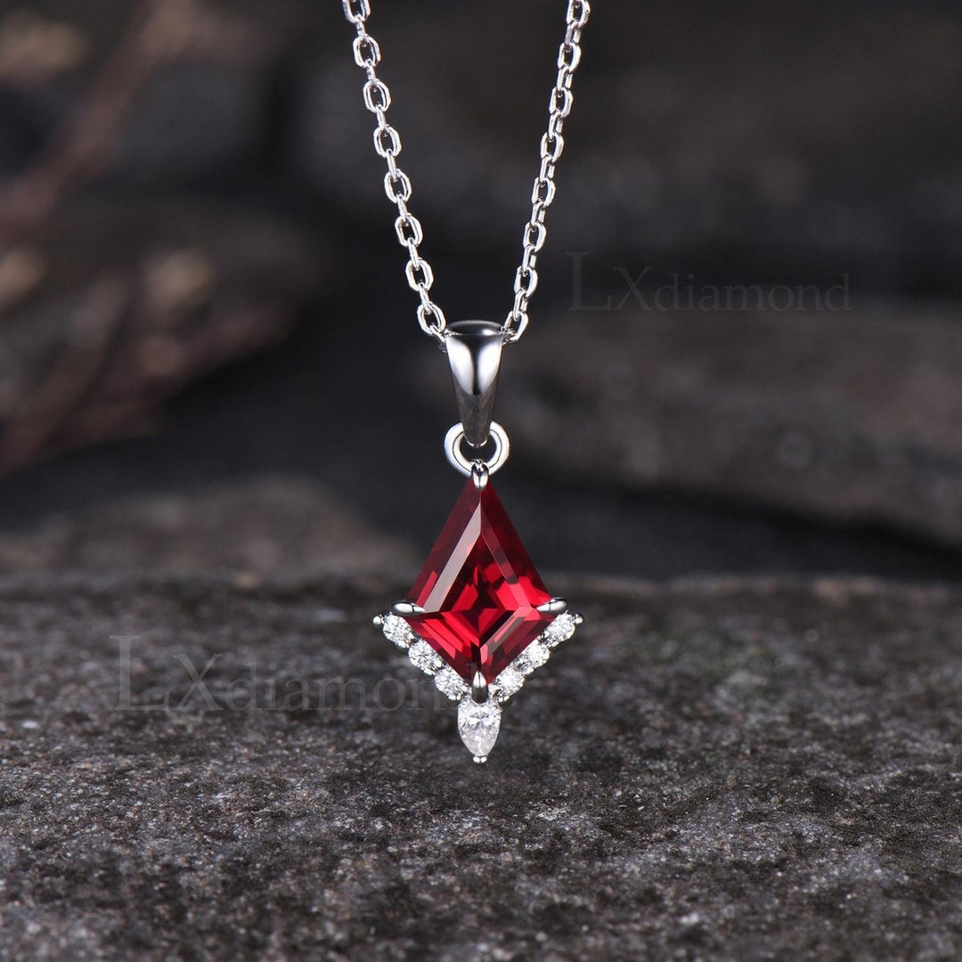Delicate Kite Cut Ruby Necklace Art Deco 14k White Gold July Birthstone ...