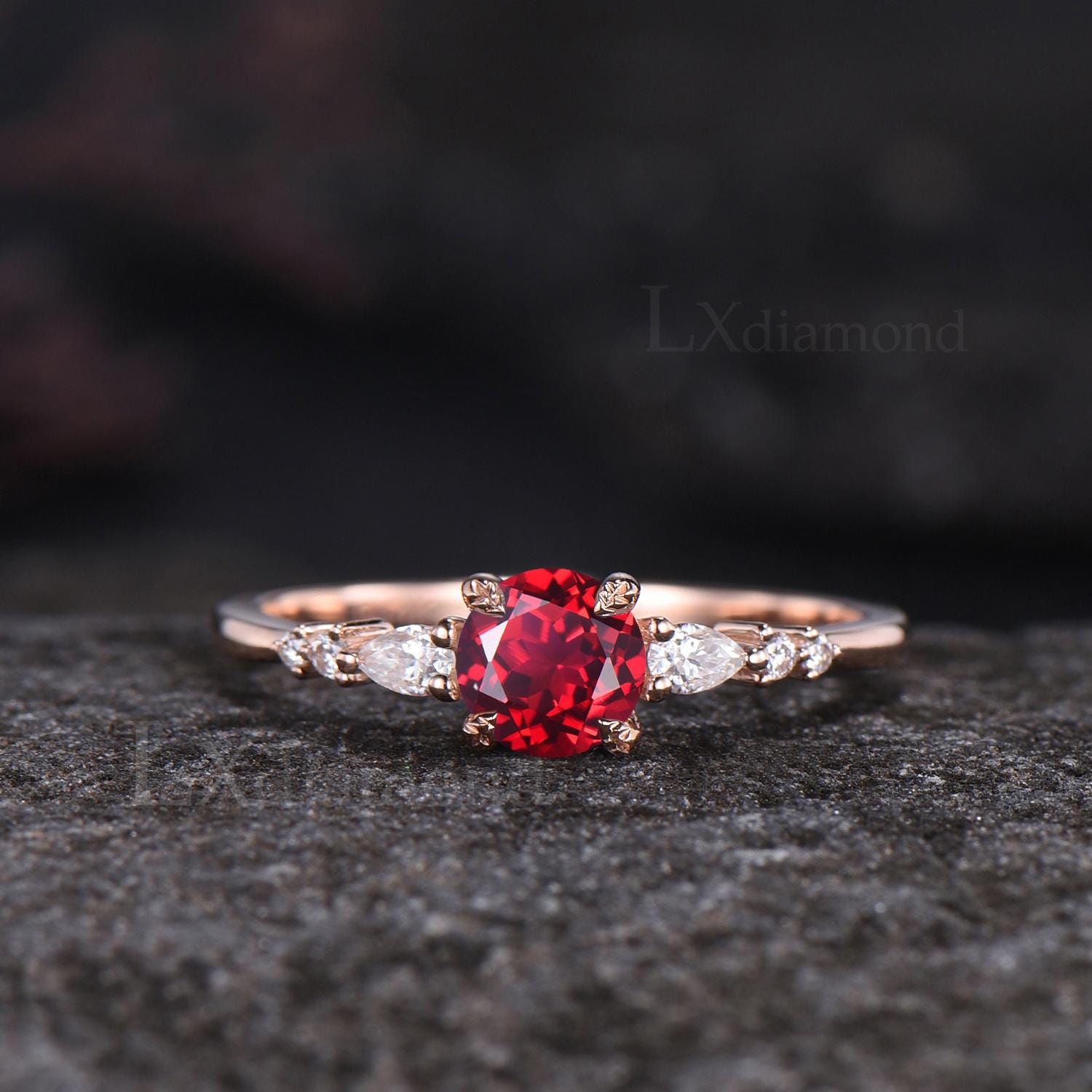 Unique Round Cut Red Ruby Engagement Ring Solid 10k 14k Rose Gold Leaf ...