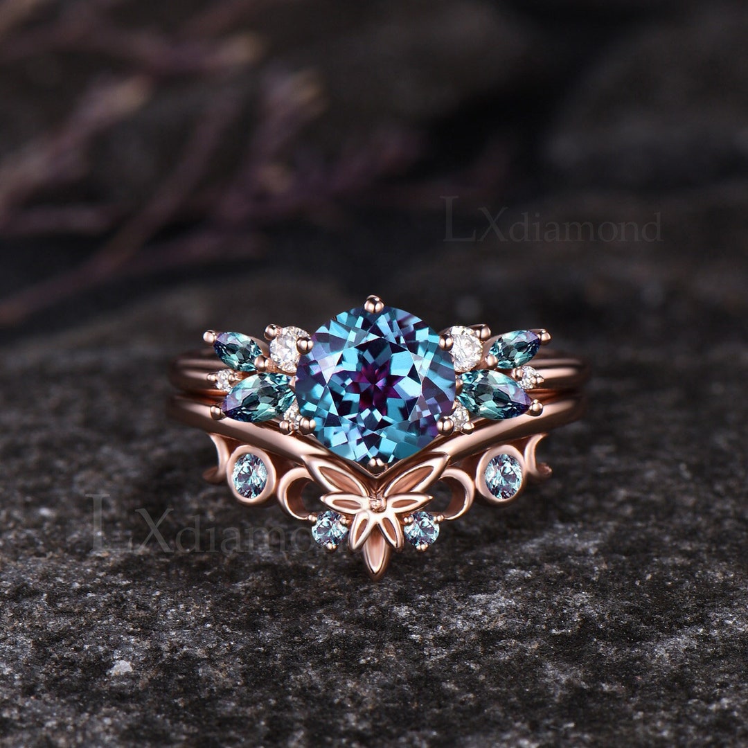 Art Deco Round Cut Alexandrite Engagement Ring Set Unique Leaf Nature ...