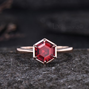 Vintage Hexagon Ruby Solitaire Ring Antique July Birthstone Red Gemstone Ruby Engagement Wedding ...