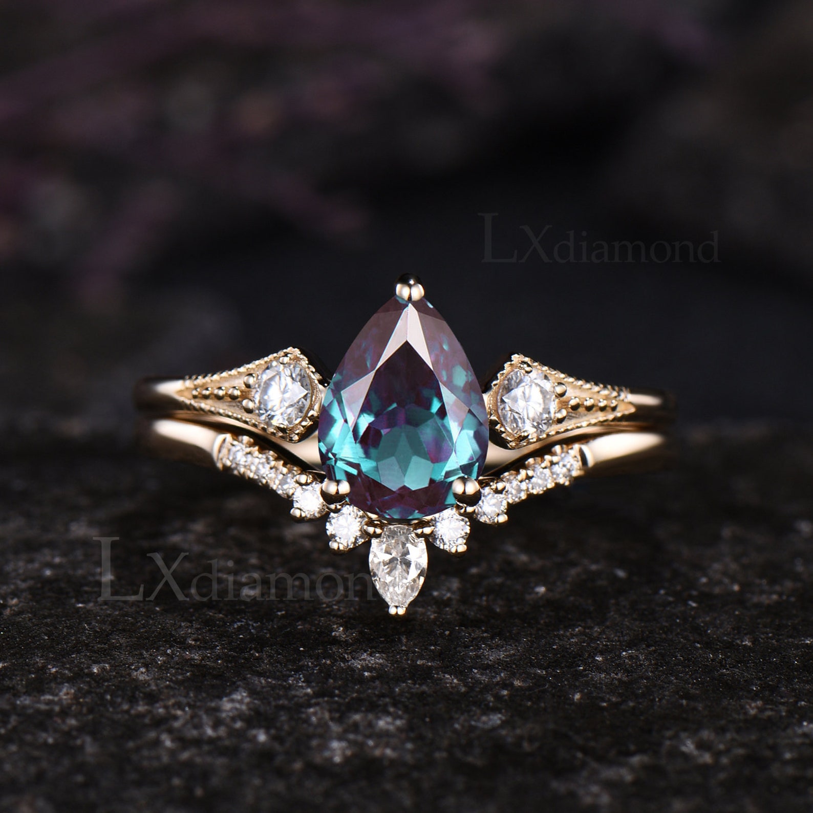 Vintage Pear Cut Alexandrite Engagement Ring Set Unique June Birthstone ...