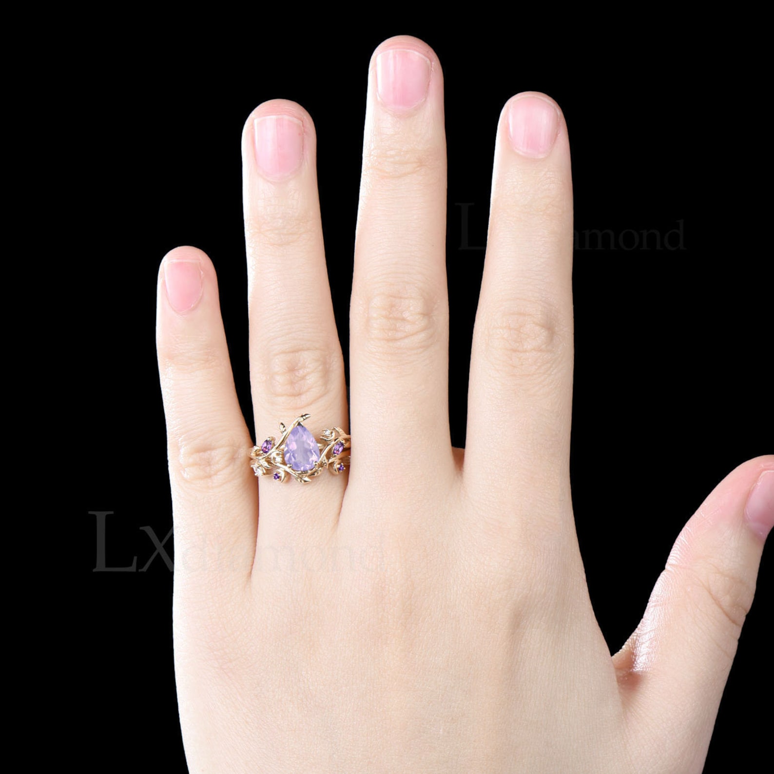Teardrop Natural Lavender Amethyst Engagement Ring Set February Birthstone Amethyst Moon Ring ...